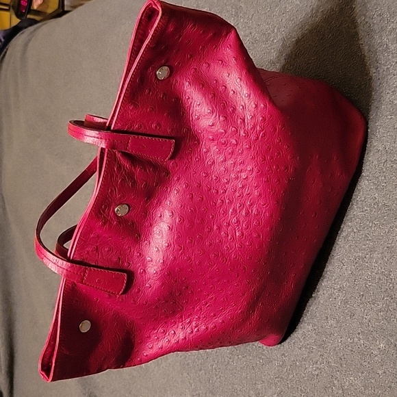 Furla | Bags | Furla Red Ostrich Leather Tote With 3 Snap Closure Feet ...